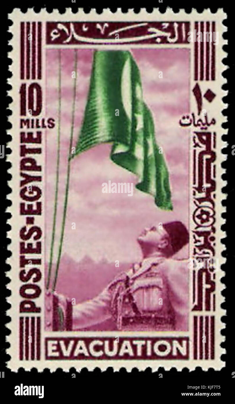 King Farouk rising Egyptian flag marking starting Evacuation of the ...