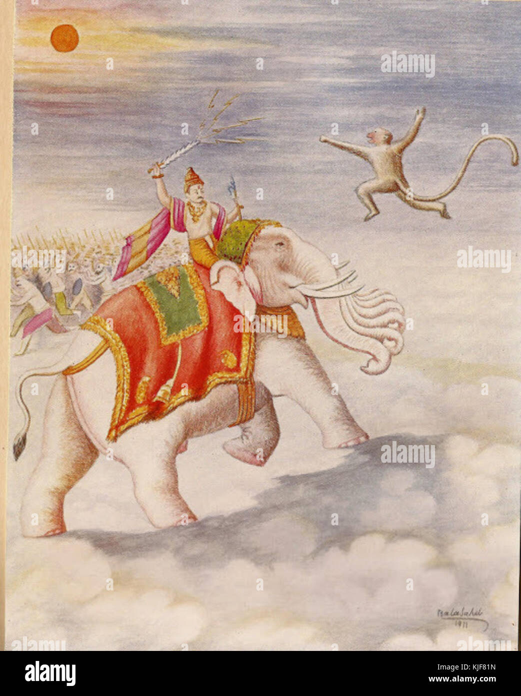 Hanuman fighting with Indra for Sun fruit Stock Photo - Alamy