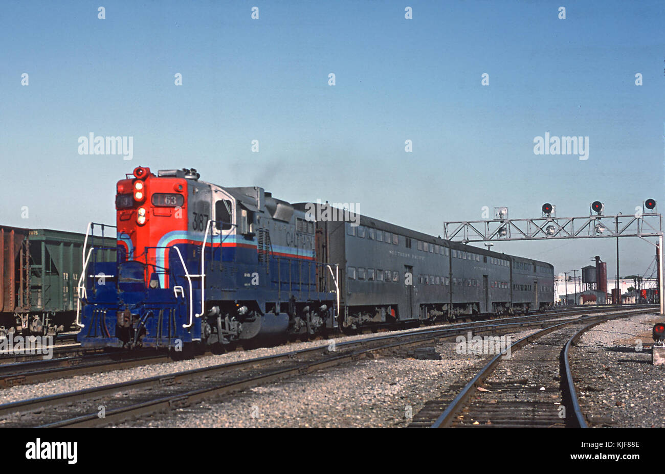 This photo shows CalTrain's experimental paint scheme on GP9E 3187, a unique design used briefly ...