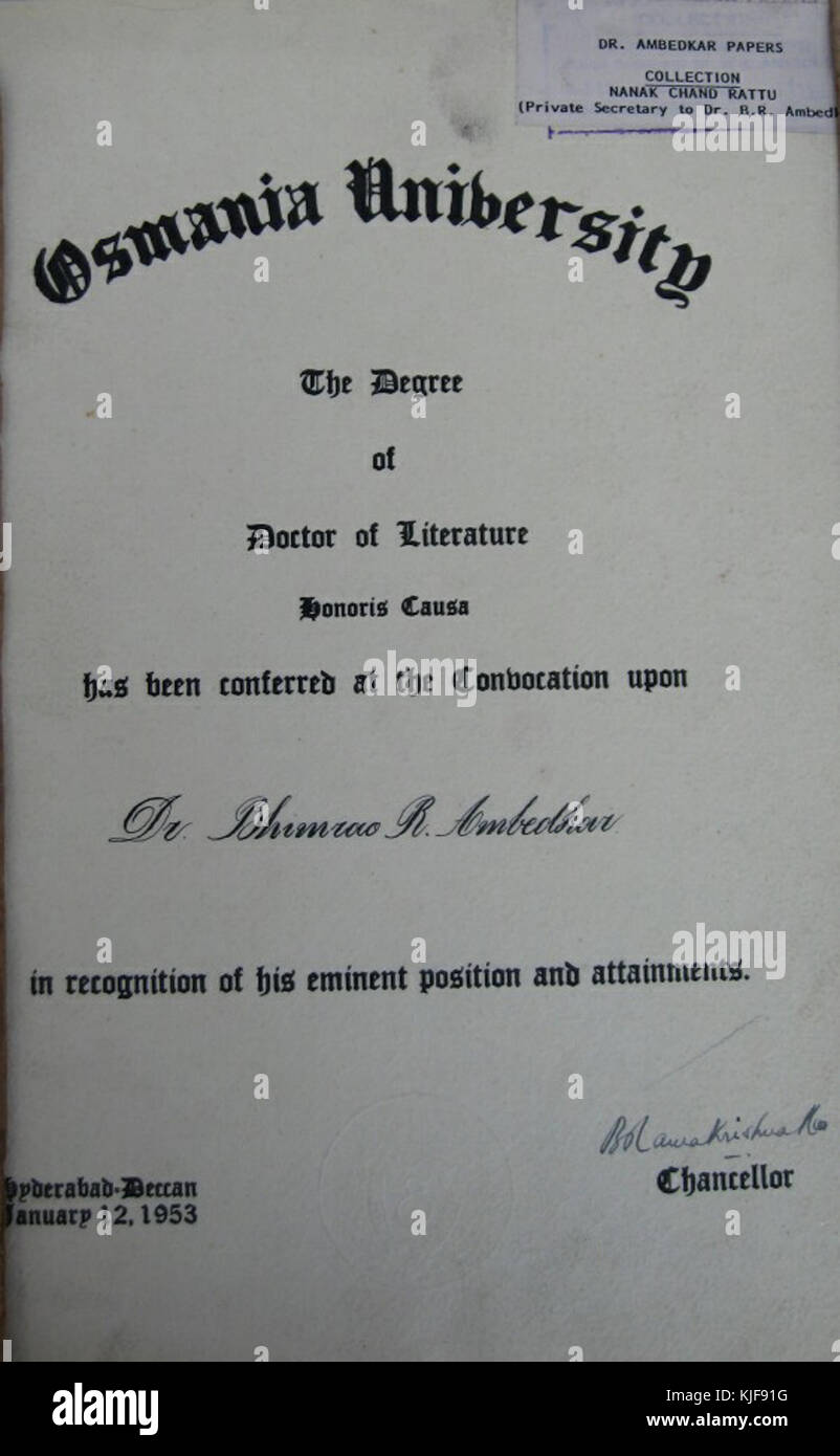 D.Litt. Degree Certificate of Dr. B. R. Ambedkar from Osmania ... D.Litt. Degree Certificate of Dr. B. R. Ambedkar from Osmania ...