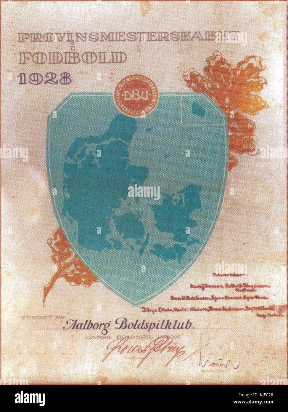 The diploma is awarded to Aalborg Boldspilklub for winning the ...