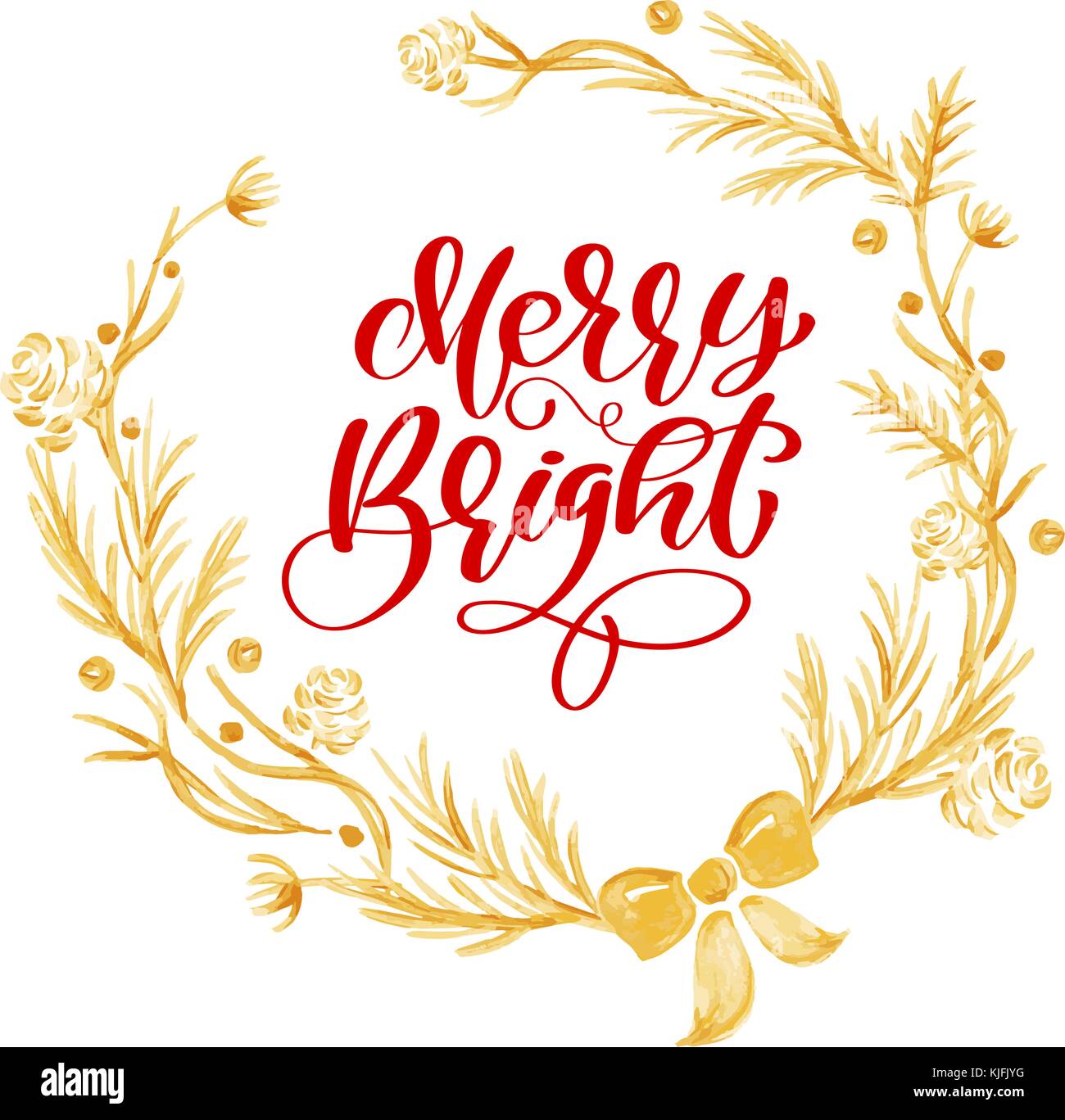 Merry Bright Calligraphy Lettering text and a gold wreath with fir tree ...