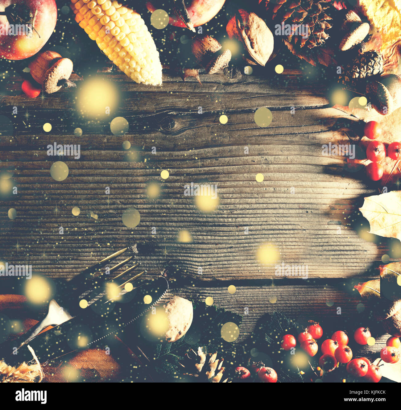 Thanksgiving background with falling gold snow. Pumpkins and various ...