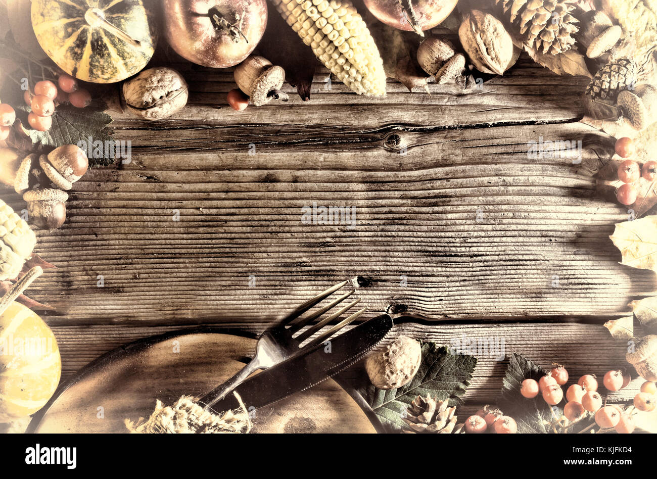 Thanksgiving background. Pumpkins and various autumn fruits. Frame with ...