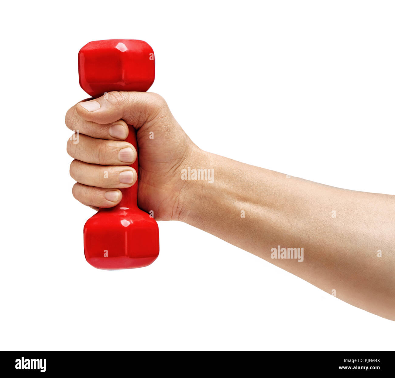 Man's hand holding dumbbell isolated on white background. Concept of ...