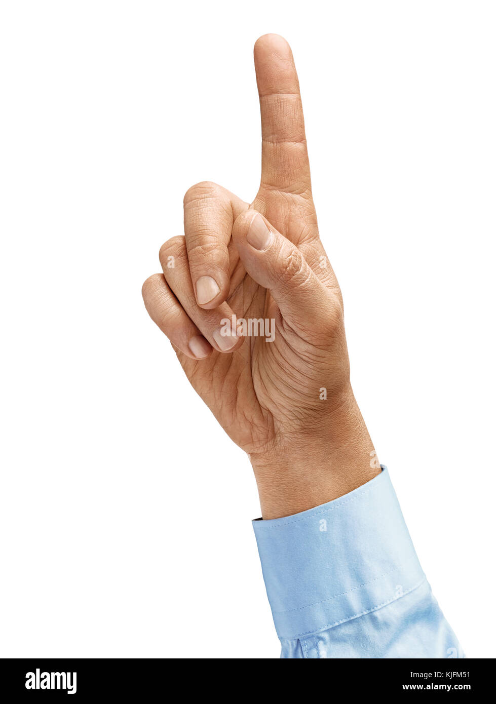 Man's hand in shirt indicating forefinger up isolated on white ...