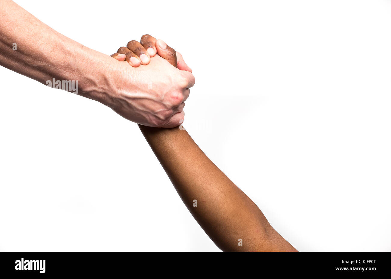 Close up view of a white / caucasian male gripping a black / african ...