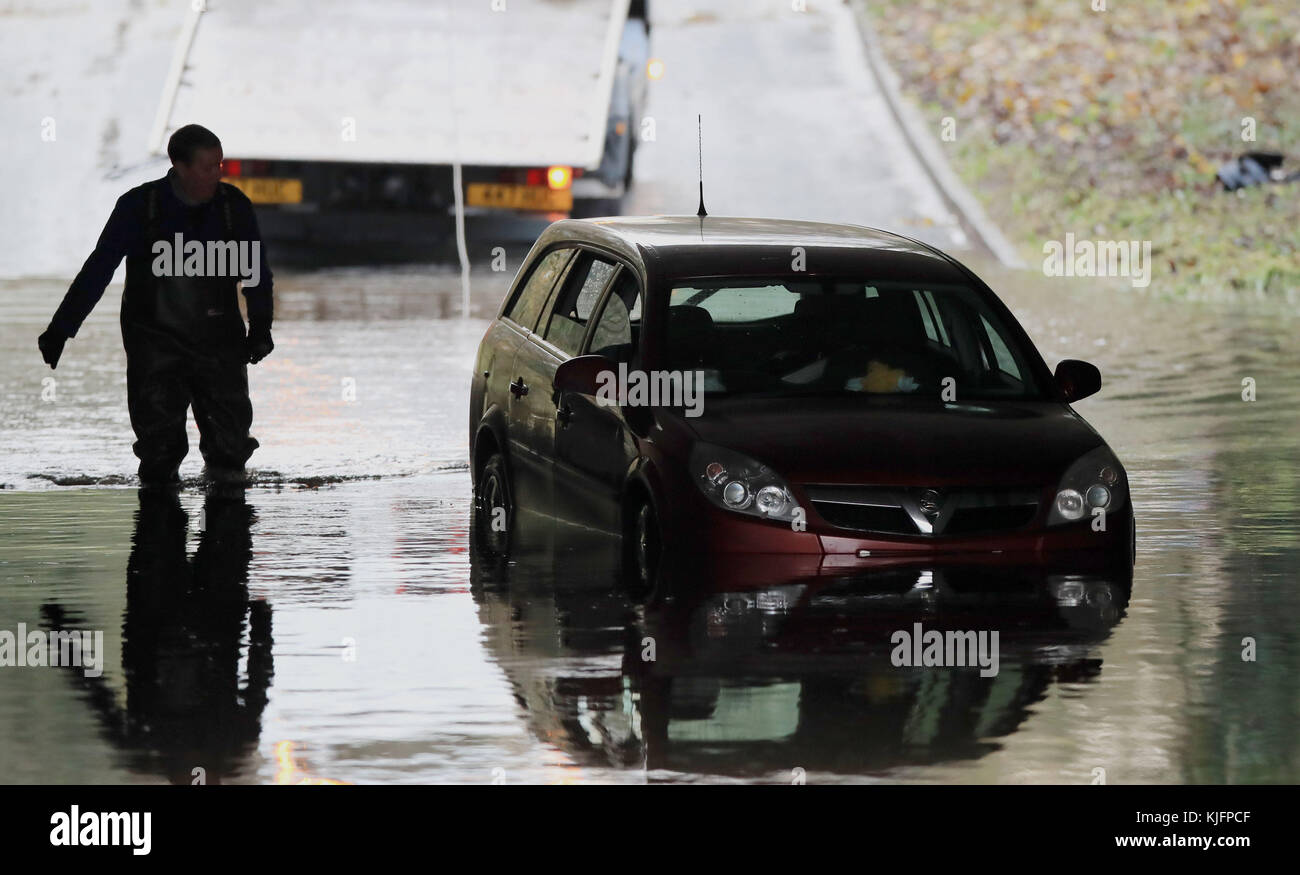 Car stuck in flood water under bridge in galgate hi-res stock ...