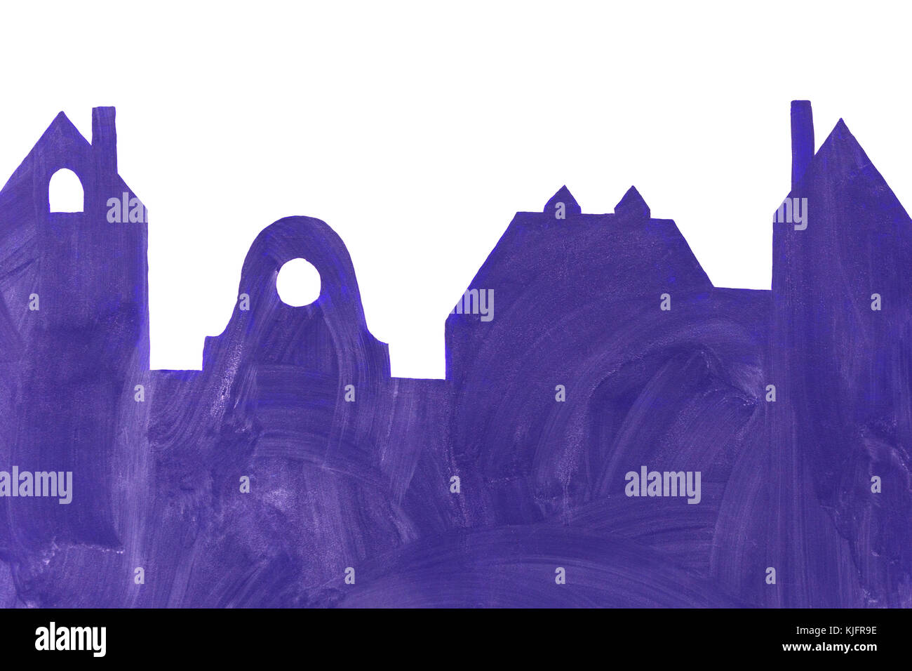 A chalkboard in a shape of houses and buildings against white wall ...