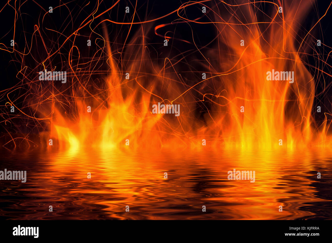 Flames of fire and sparks on a black background with reflection in ...