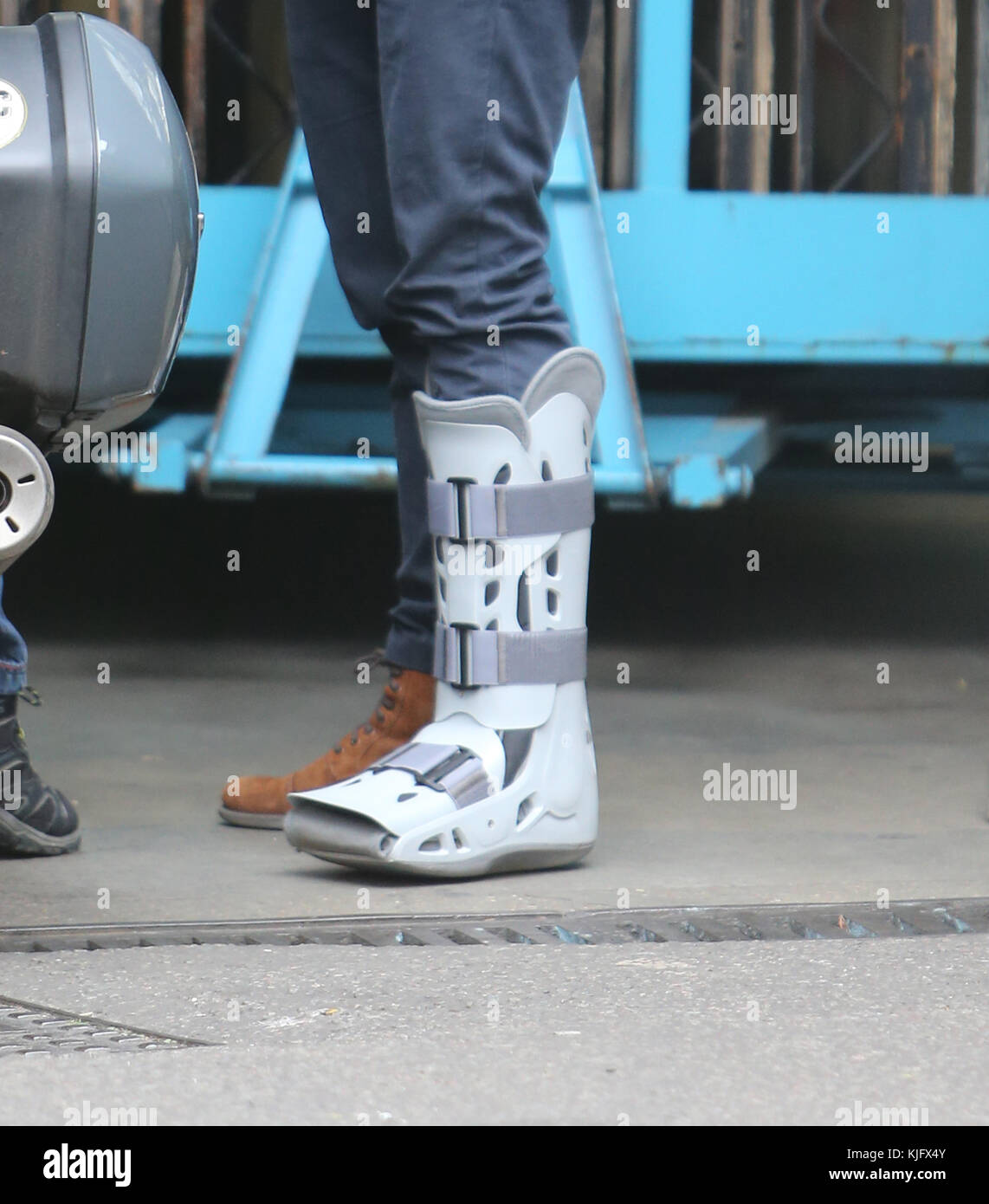 Ben Shepherd leaving ITV Studios wearing a walking brace Featuring: Ben ...