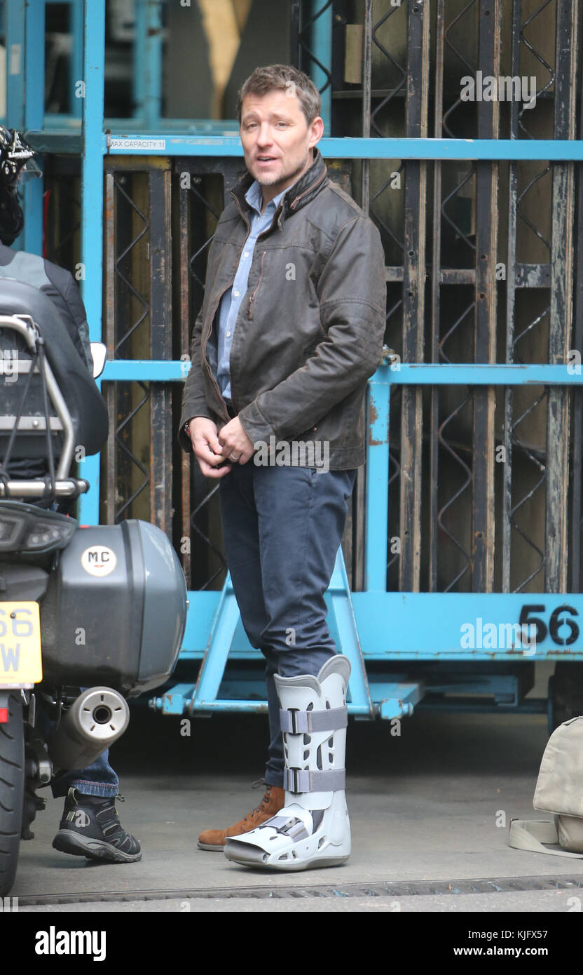Ben Shepherd leaving ITV Studios wearing a walking brace Featuring: Ben ...