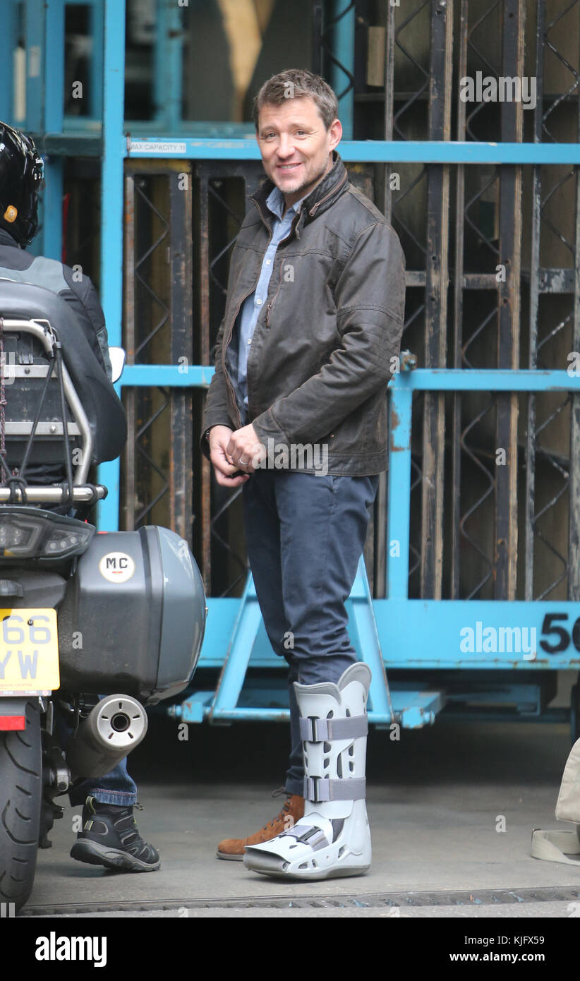 Ben Shepherd leaving ITV Studios wearing a walking brace Featuring: Ben ...