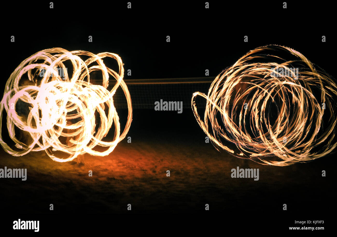 Spinning Fire Poi Rings of Fire Stock Photo - Alamy