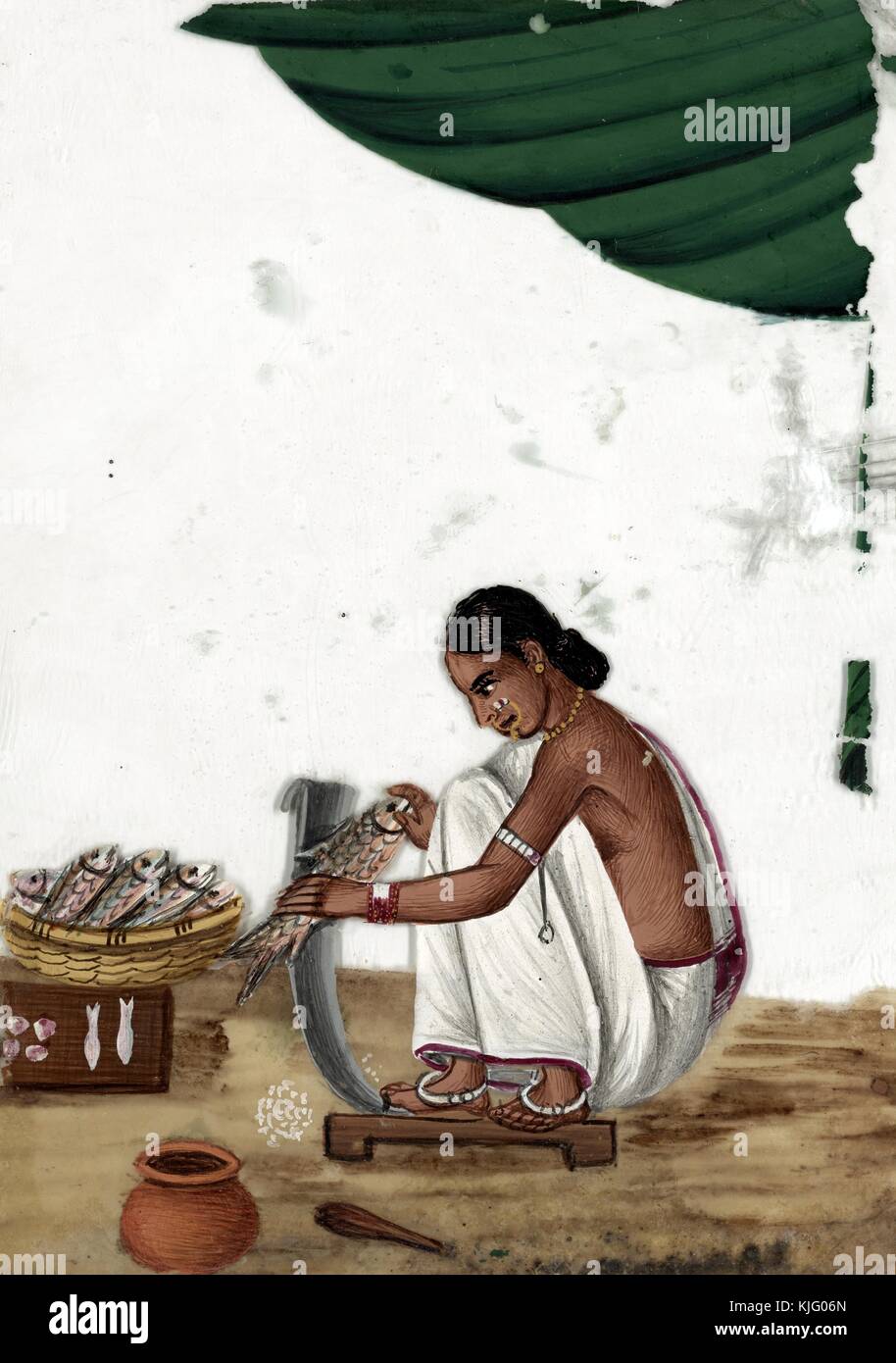 Seated female fishmonger in white sari, India, 1819. From the New York ...