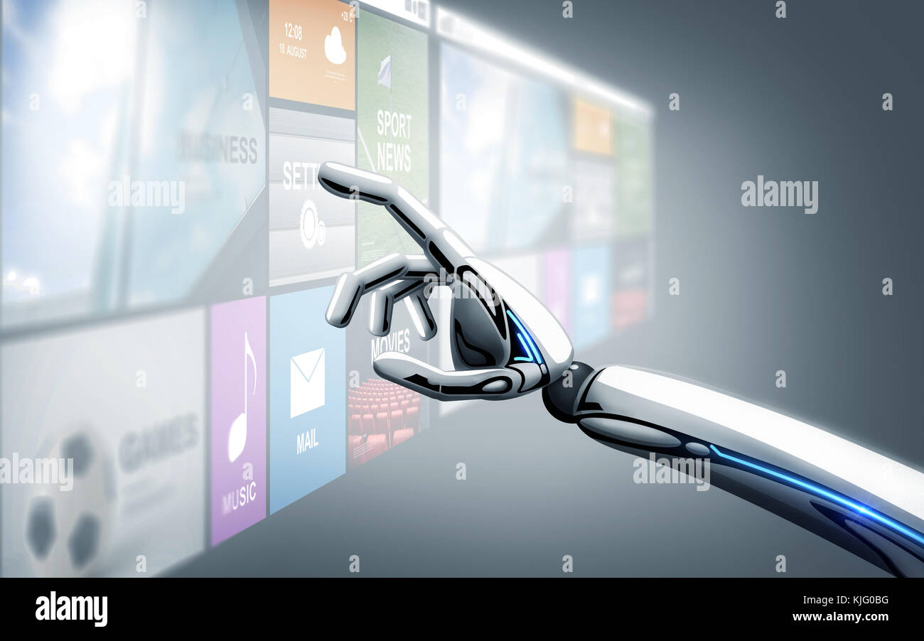robot hand touching virtual screen with apps Stock Photo - Alamy