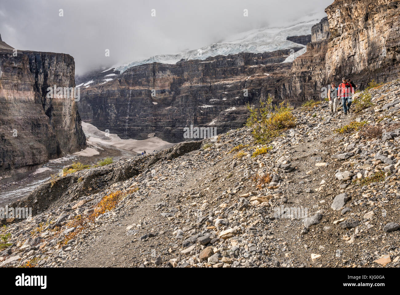 Hikers on Plain of the Six Glaciers Trail over Lower Victoria Glacier ...