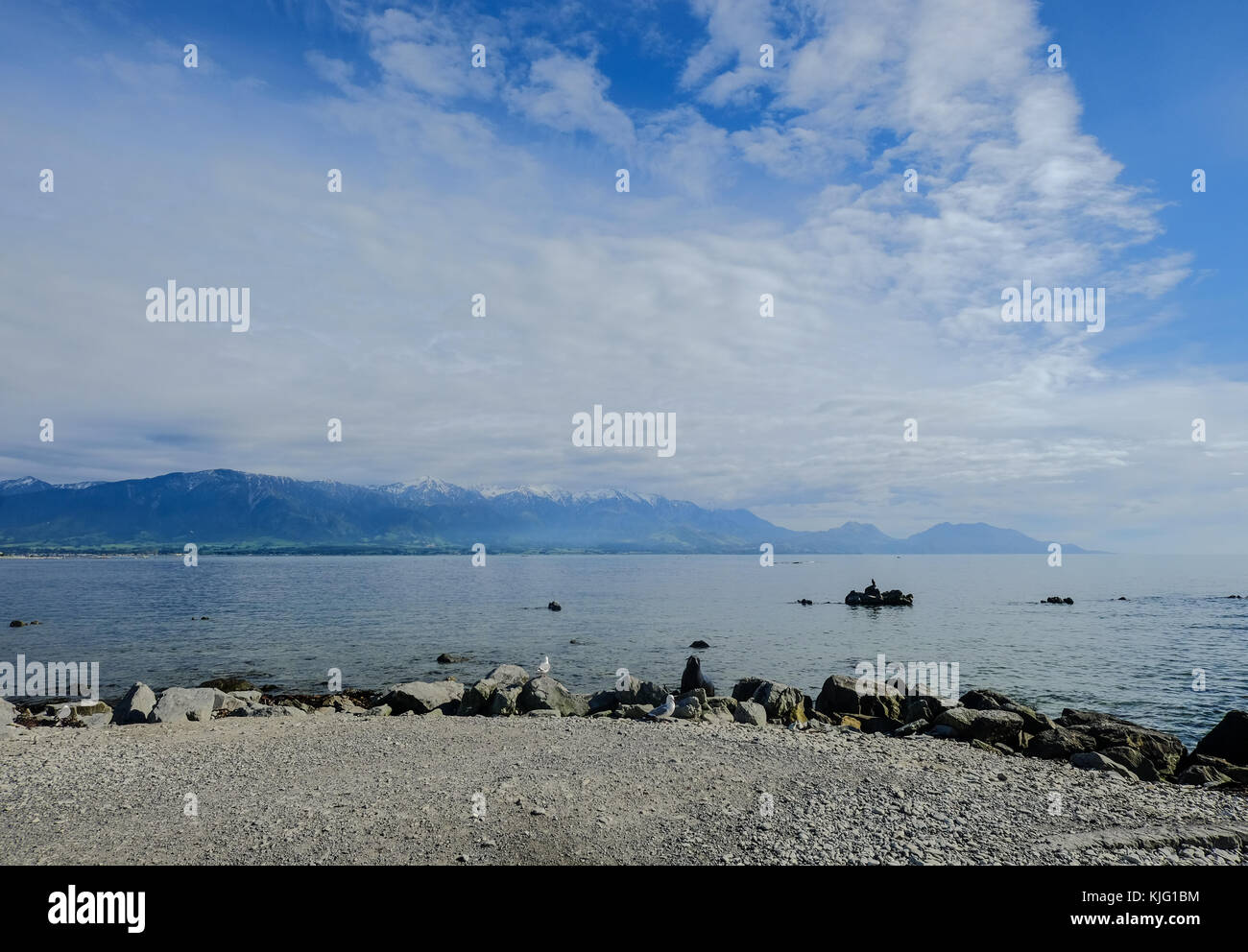 Lake scenery with mountains at sunny day in South Island of New Zealand ...