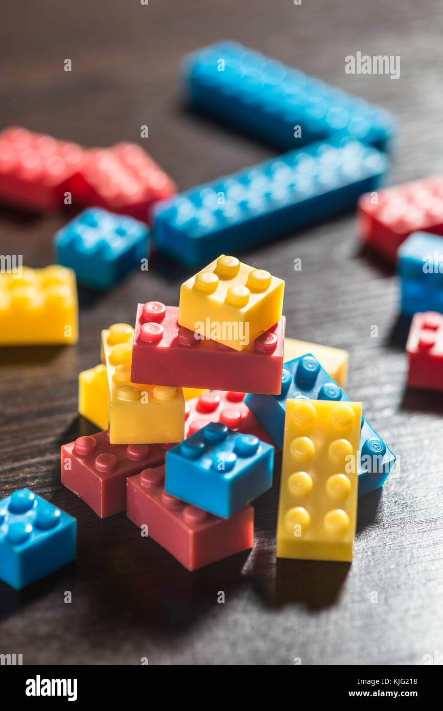 Plastic blocks on table. Many blocks Stock Photo - Alamy