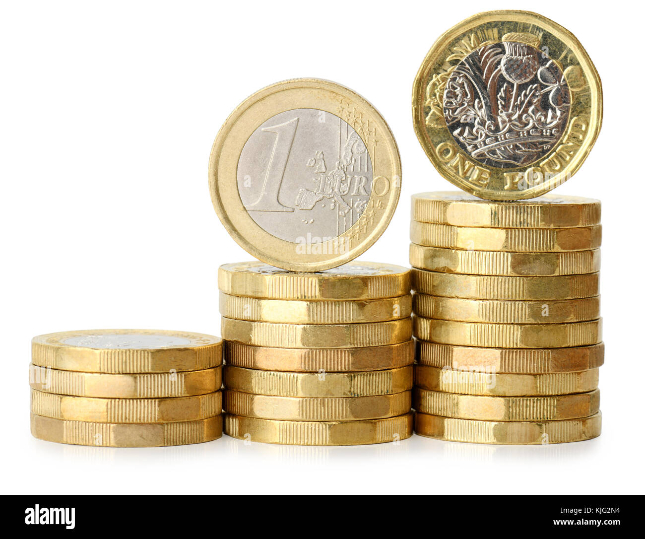 increasing stack of coins with one euro and one pound coin isolated on ...