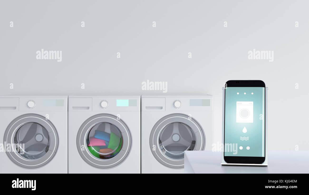 Smartphone with washing app on charging station Stock Photo - Alamy