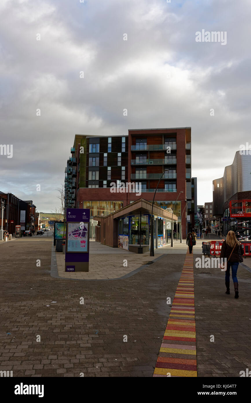 Pedestrianised area in bury town centre looking towards the rock ...