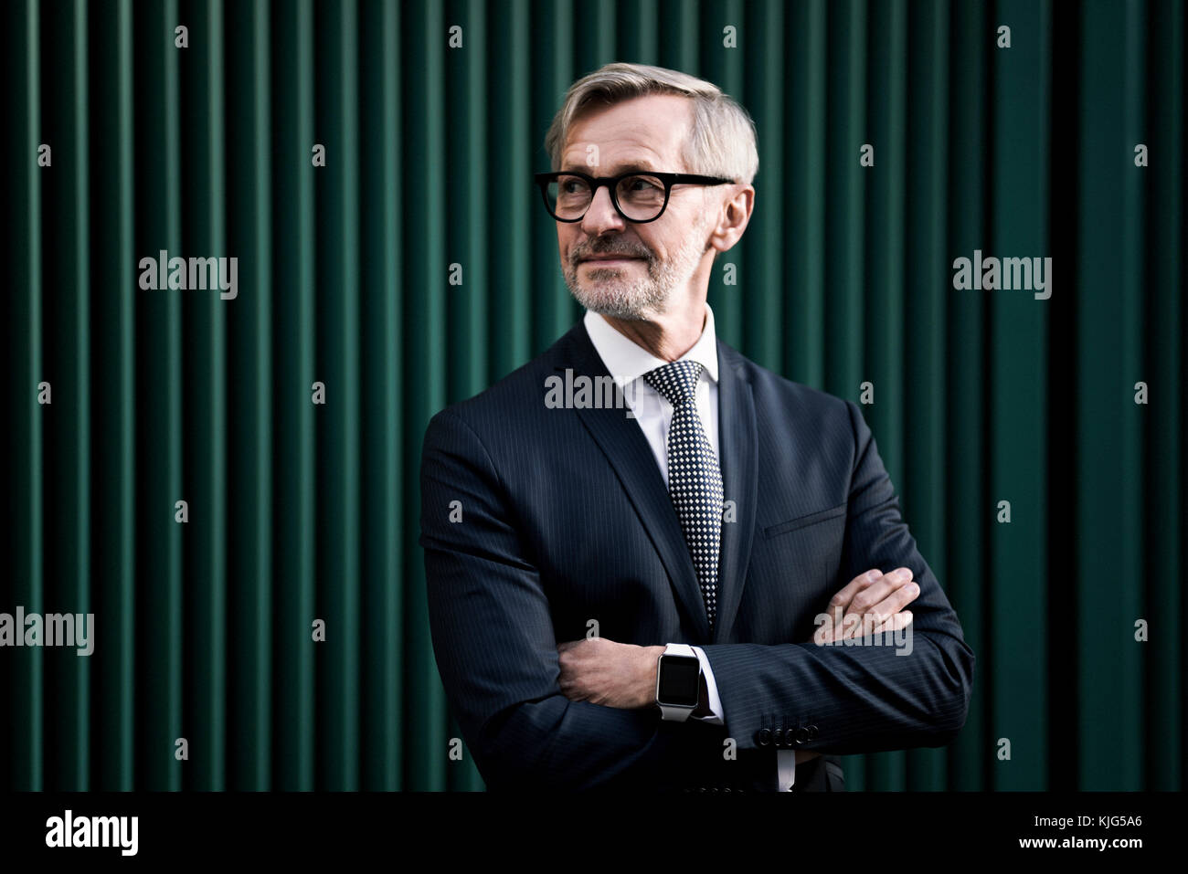 Portrait of grey-haired businessman in front of green wall Stock Photo ...