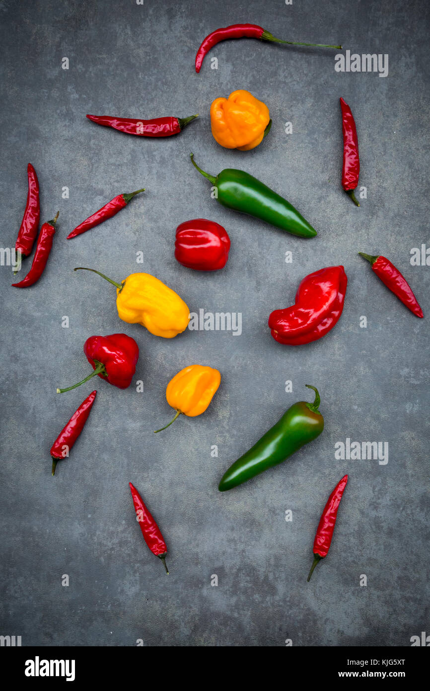 Various chili pods on grey background Stock Photo - Alamy