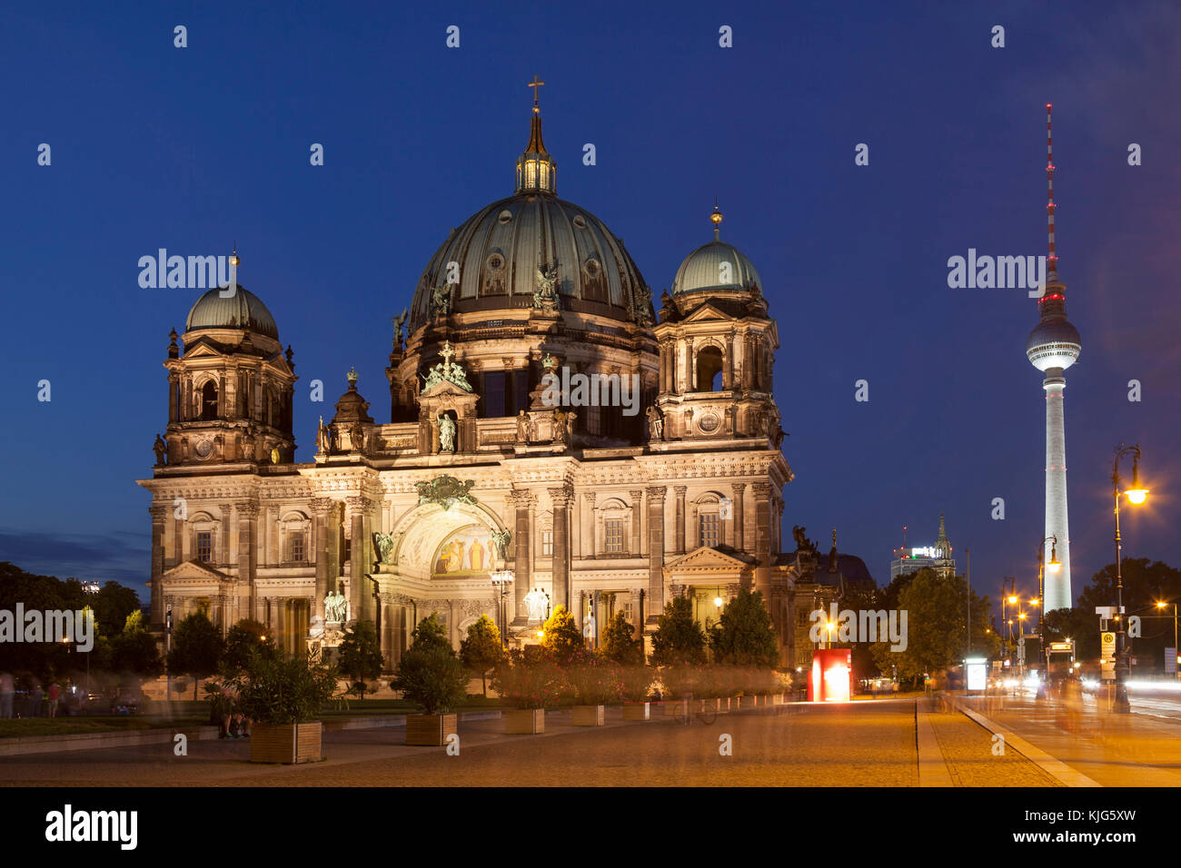 Germany, Berlin, lighted Berliner Dom and television tower at night ...