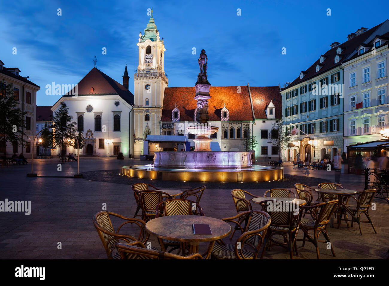 Slovakia, Bratislava, Old Town, Main Square at night with cafe ...