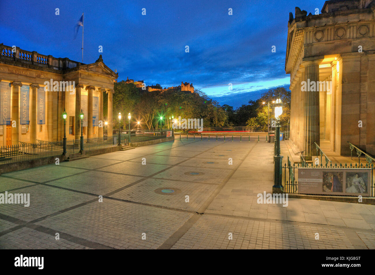 The national gallery and distant castle at dusk, Edinburgh, Lothian ...