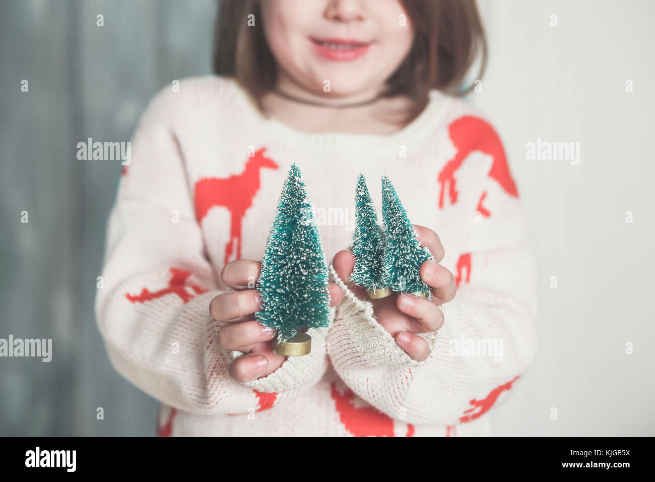 Little girl with miniature Christmas tree, close-up Stock Photo - Alamy
