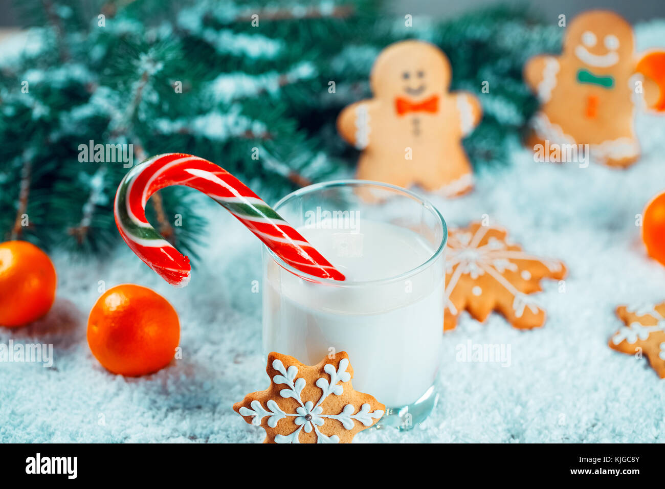 Christmas gingerbread and milk with decorations, snow, christmas tree ...