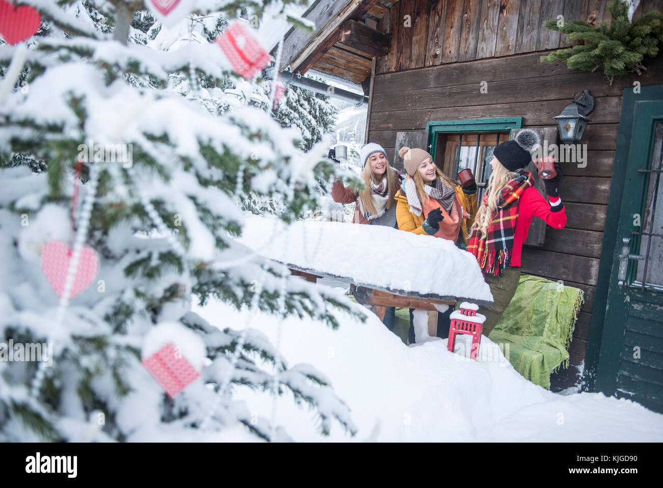Austria, Altenmarkt-Zauchensee, female friends celebrating at wooden ...