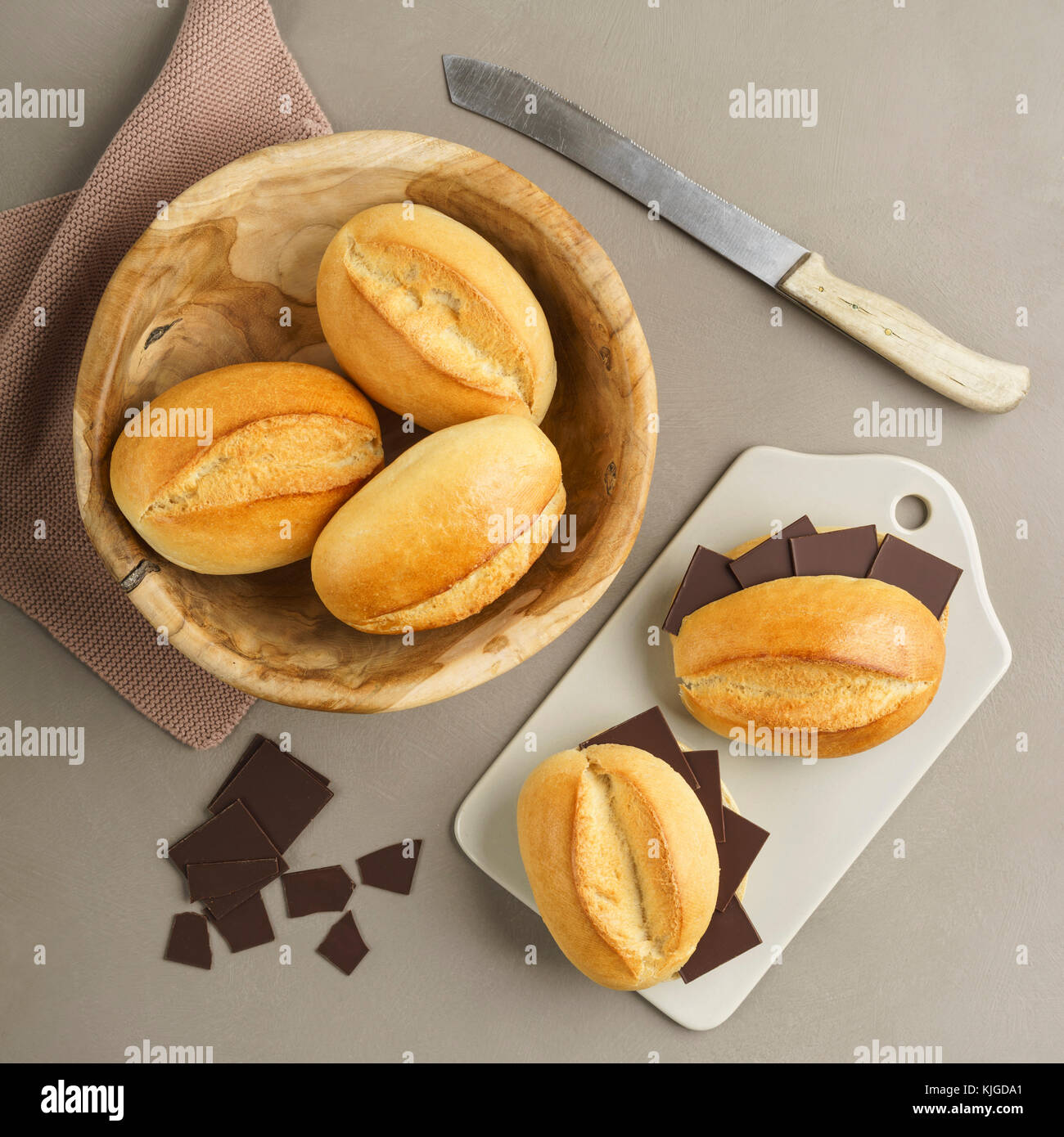 Bread rolls and little chocolate bars Stock Photo - Alamy