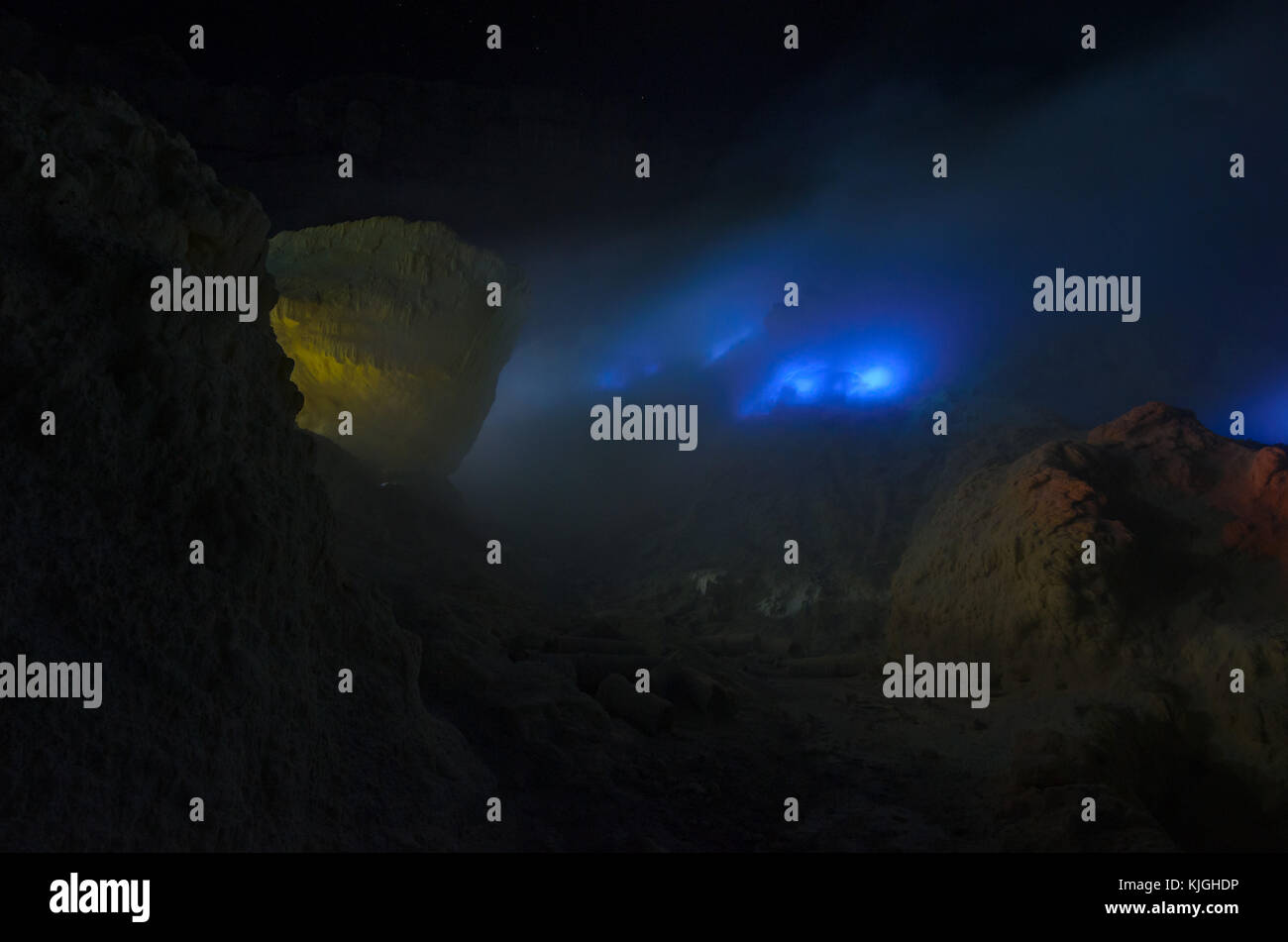 Night shot at Ijen volcano blue fire with fumes in Java, Indonesia ...