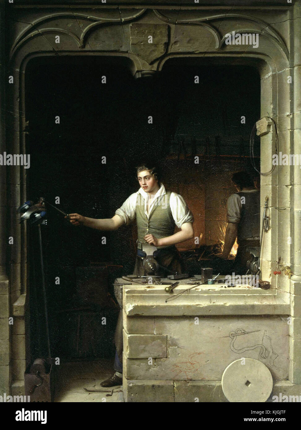 Laurent Jean Antoine - A locksmith tries to make a magpie peck his fil ...