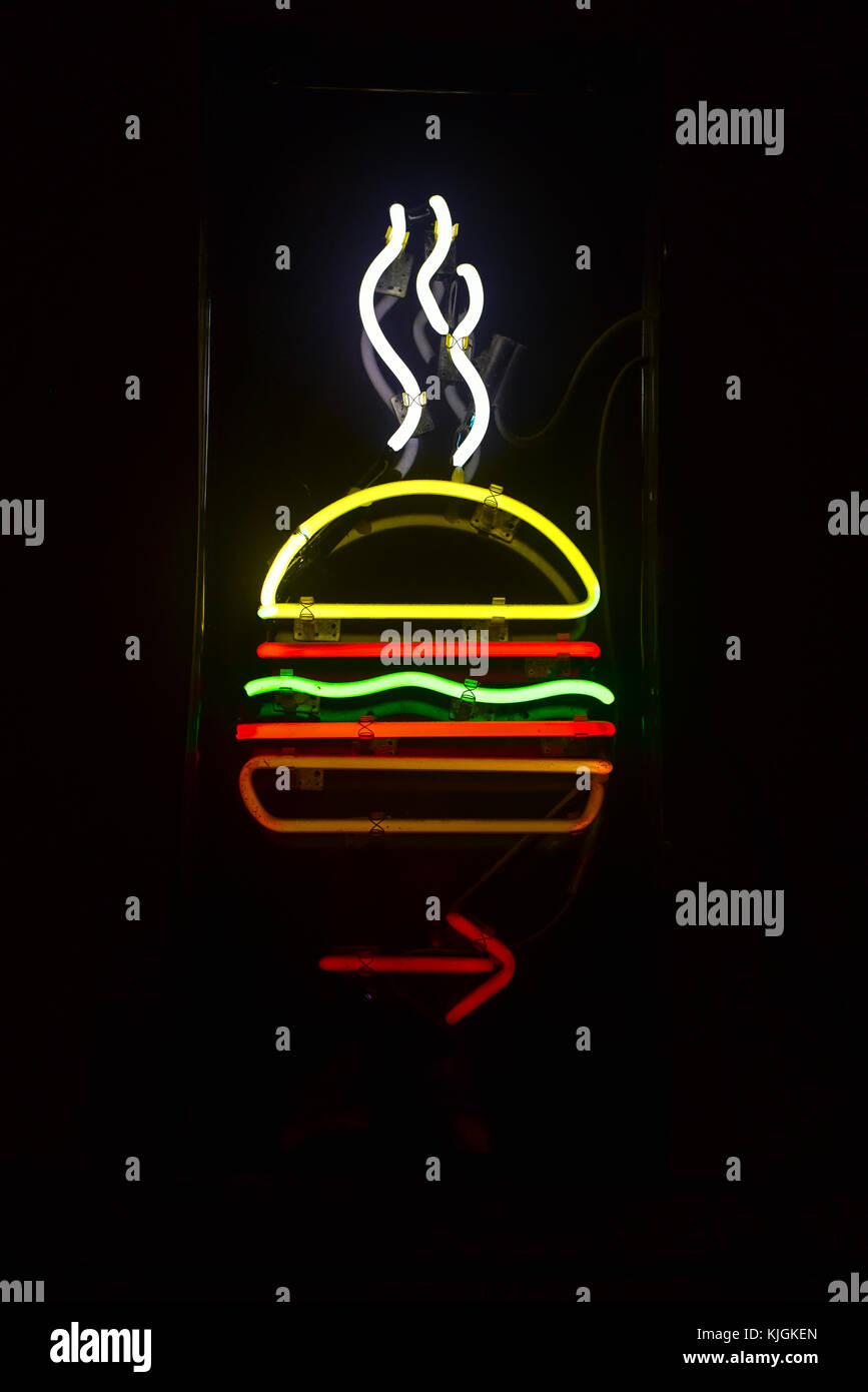 Neon Light Hamburger Restaurant Sign with arrow pointing Stock Photo ...
