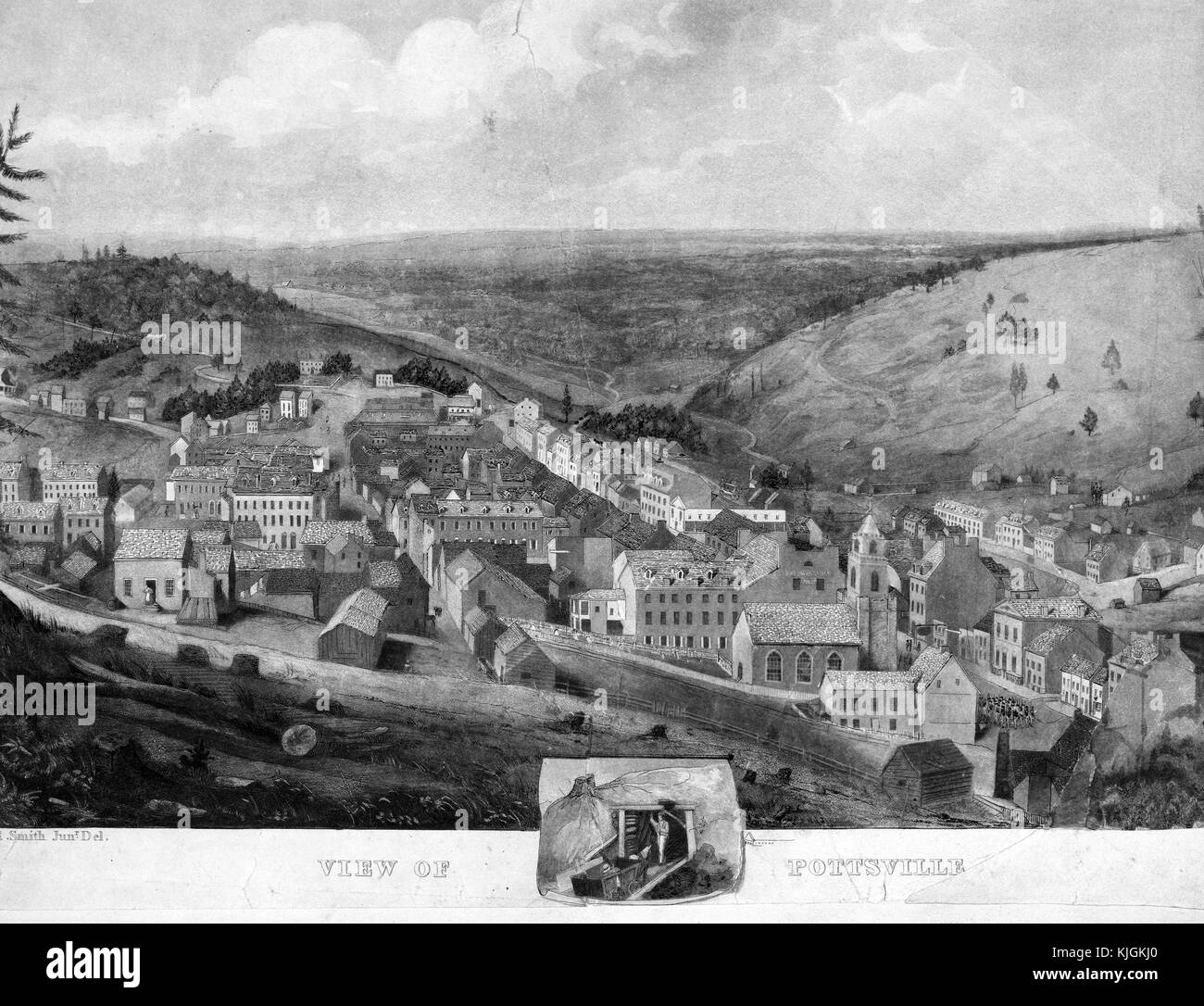 An engraving from a painting of Pottsville, the small town is shown ...
