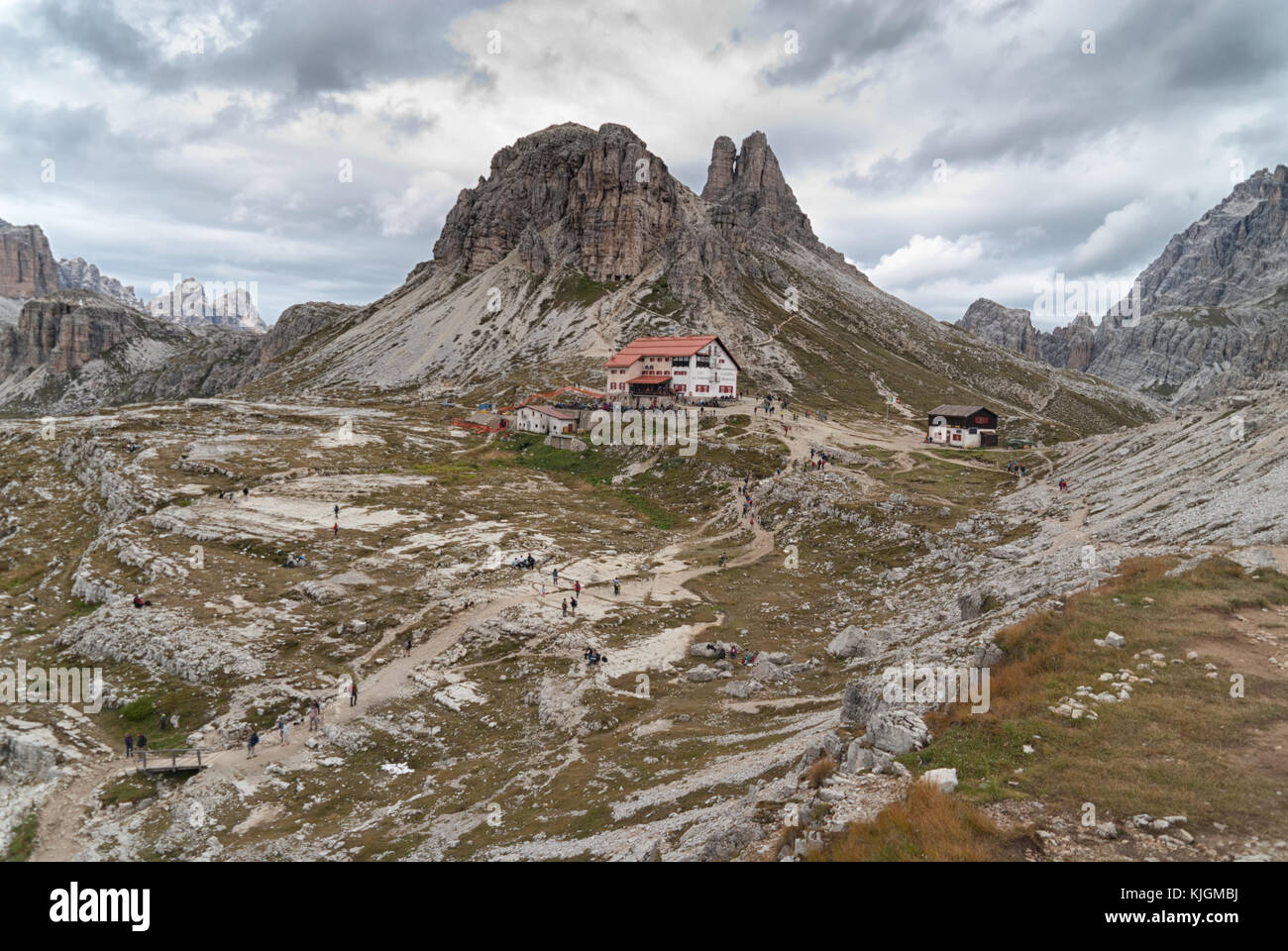 Rifugio Locatelli in front of Torre di Toblin, Dolomites, Italy Stock ...