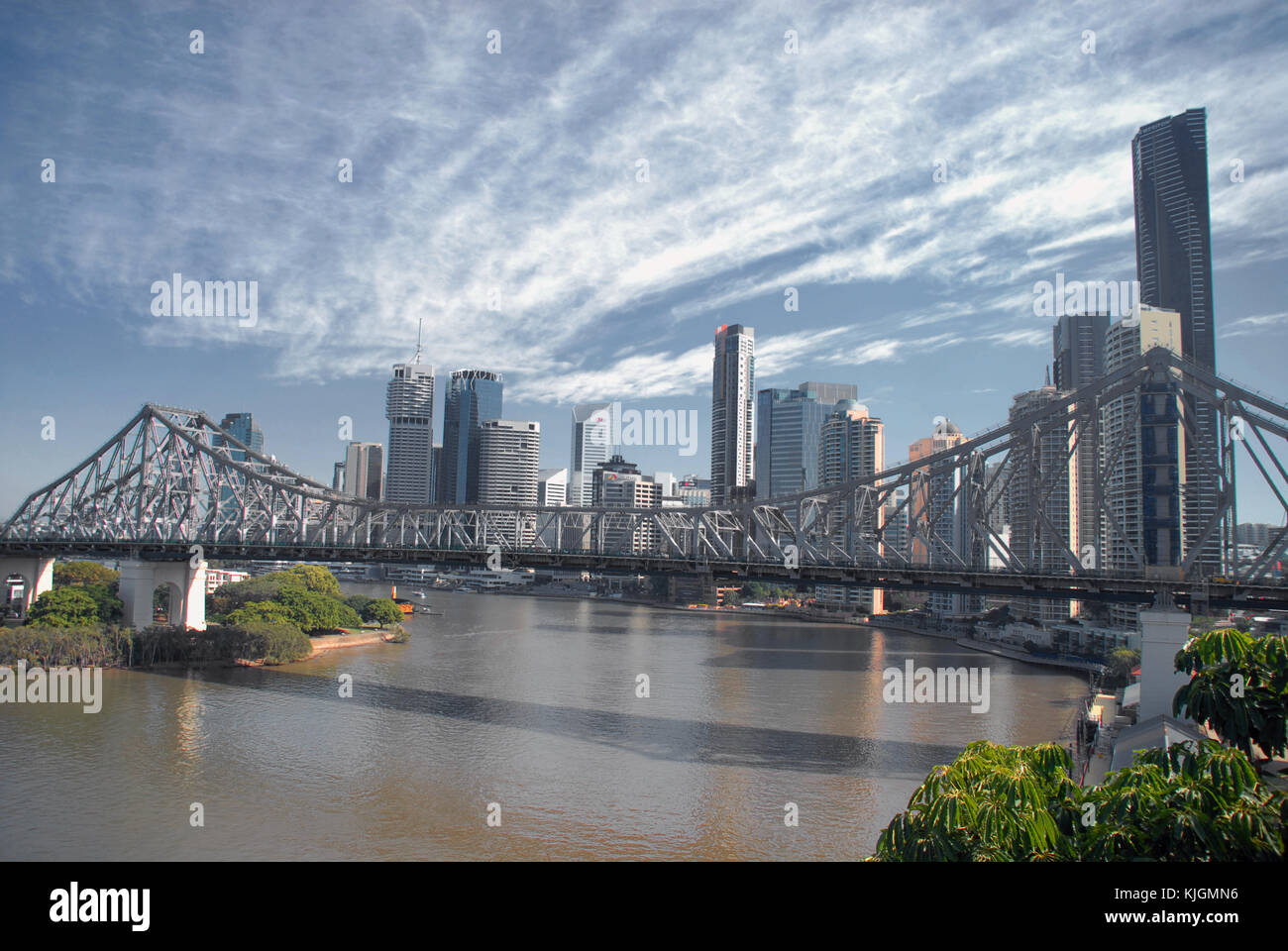 Story Bridge and skyscraper of Brisbane under blue skys with clouds ...