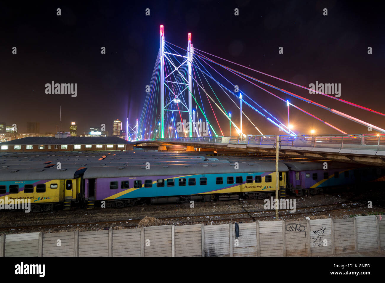 Nelson Mandela Bridge at night. The 284 meter long Nelson Mandela ...