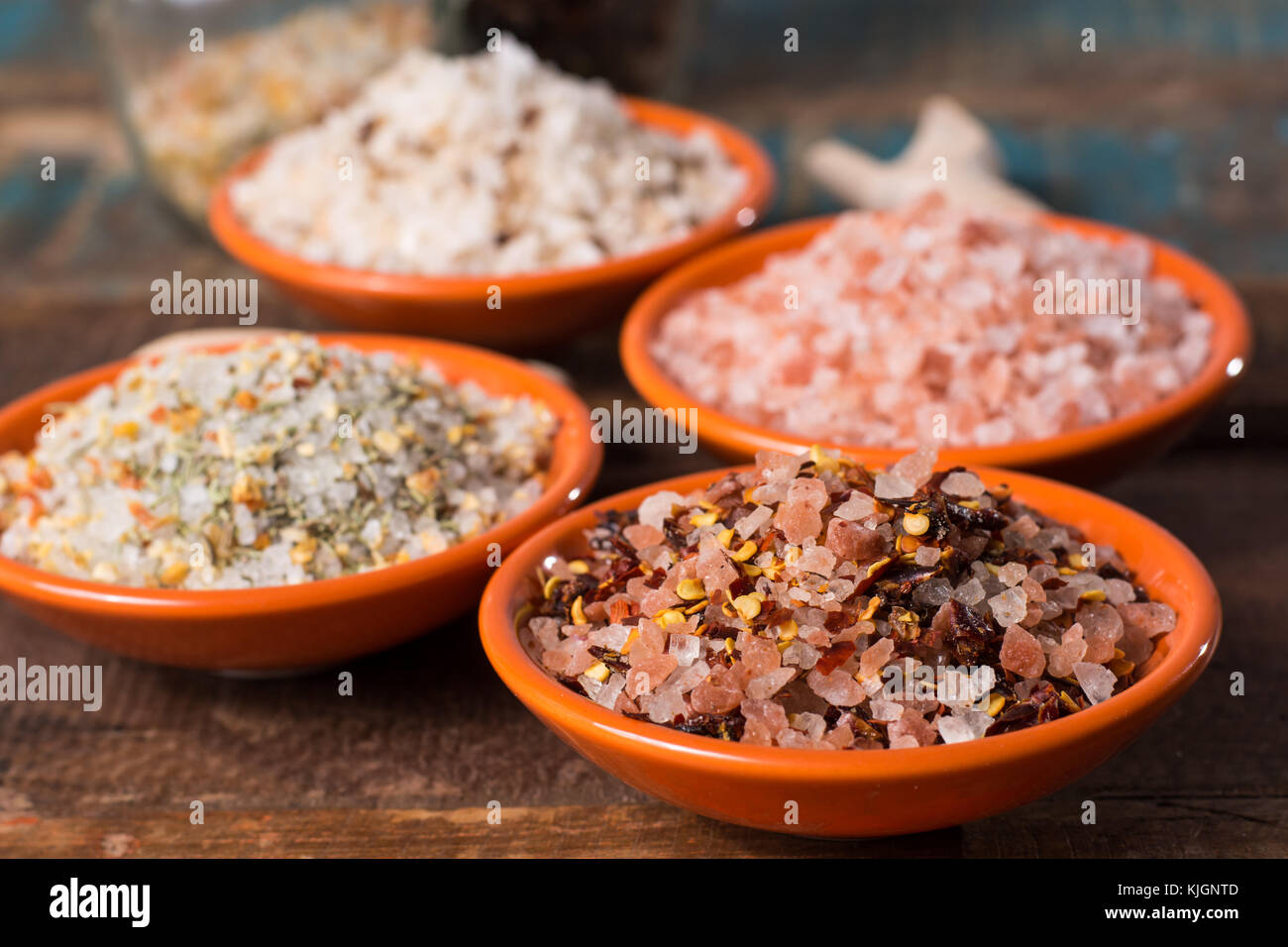Variety of sea salt, pink Himalayan salt, colorful salt with dried ...