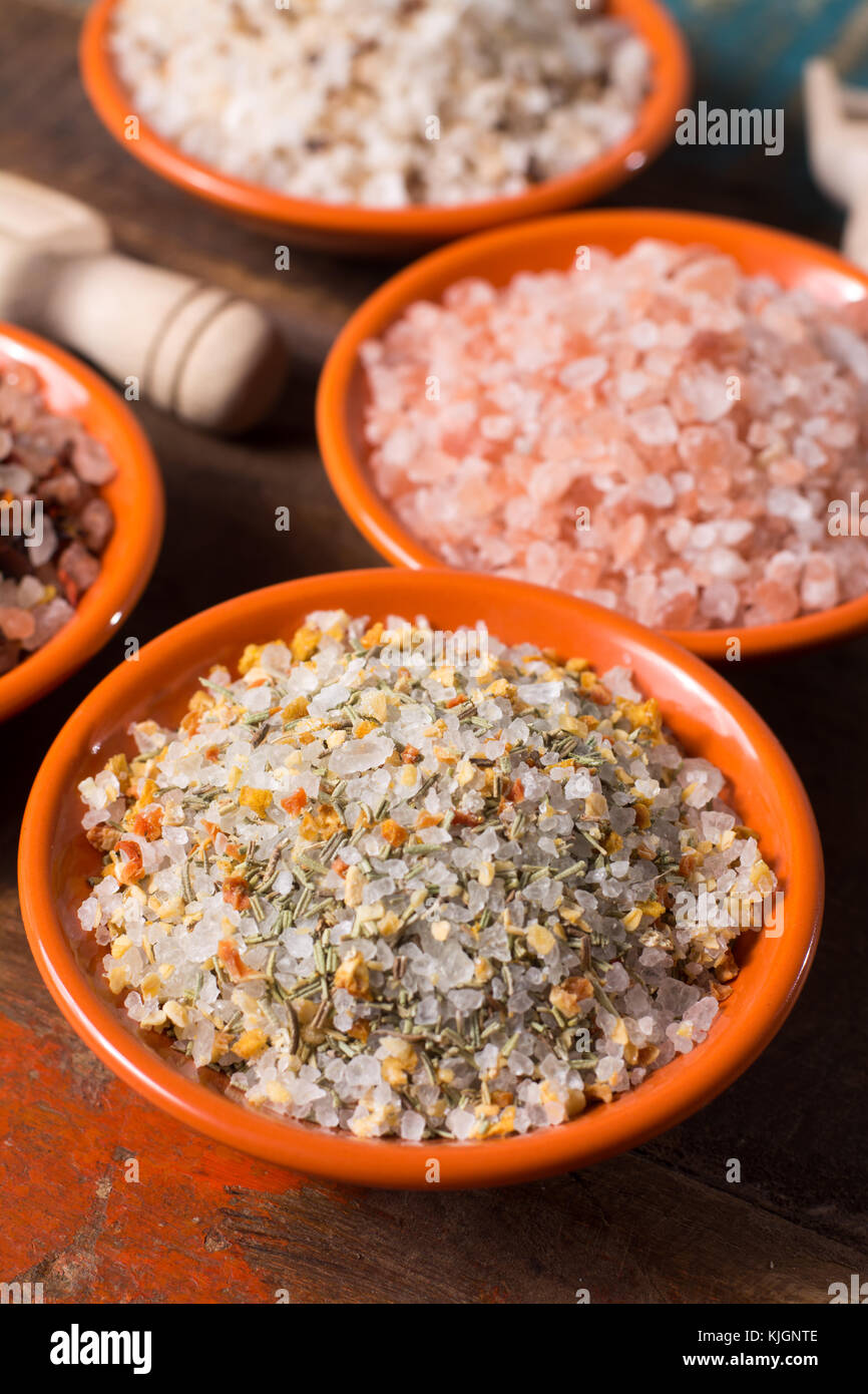 Variety of sea salt, pink Himalayan salt, colorful salt with dried ...