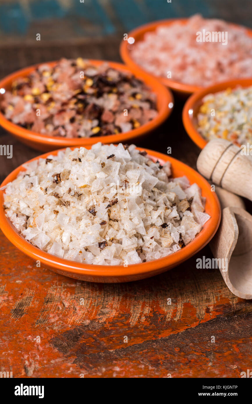 Variety of sea salt, pink Himalayan salt, colorful salt with dried ...