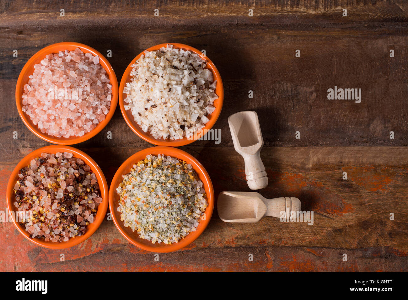 Variety of sea salt, pink Himalayan salt, colorful salt with dried ...