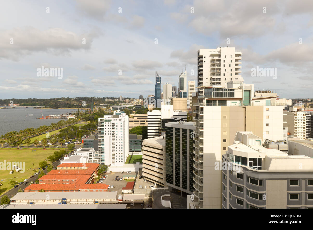 View of Perth, Australia and the Swan River during the day from above ...
