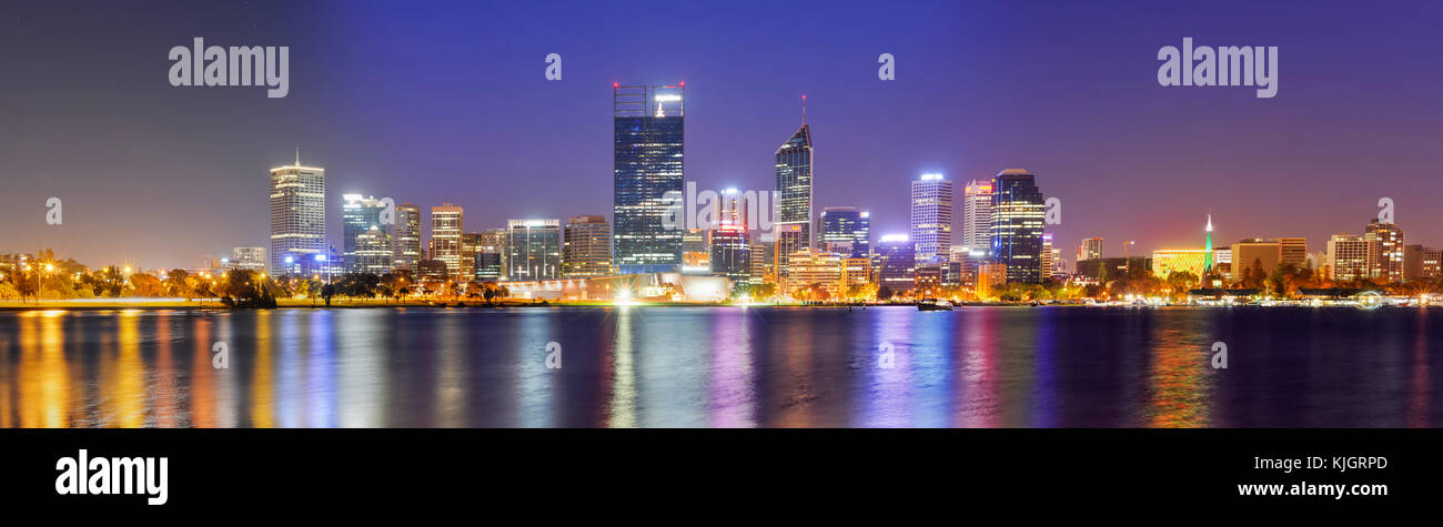 Panoramic View of the Perth Skyline at Night reflected in the Swan ...