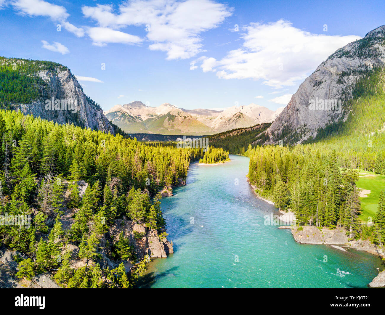 Aerial view of Bow river among canadian Rockies Mountains, Banff ...