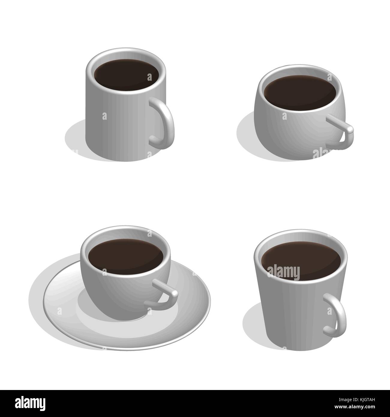 Set of white cups for coffee of different shapes, isolated on white ...